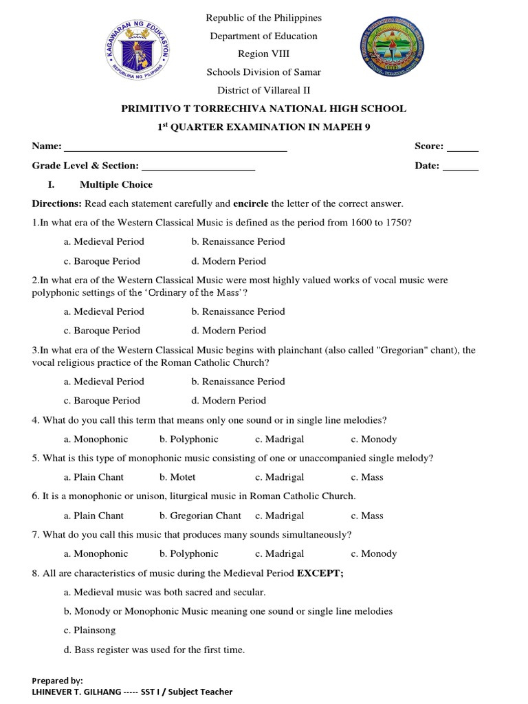 Q1 Exam Mapeh 9 Final | PDF | Baroque Music | Gregorian Chant