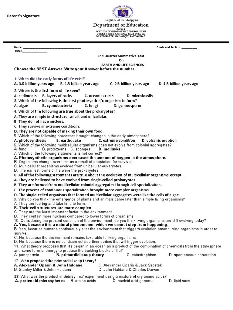 2nd Quarter Summative Test Earth And Life 2022 Pdf Cell Biology Prokaryote