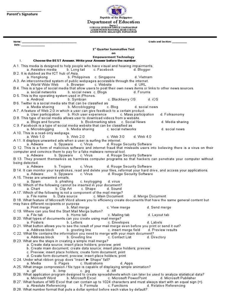 1st Quarter Summative Test Emp Tech | PDF | Computer Virus | Malware