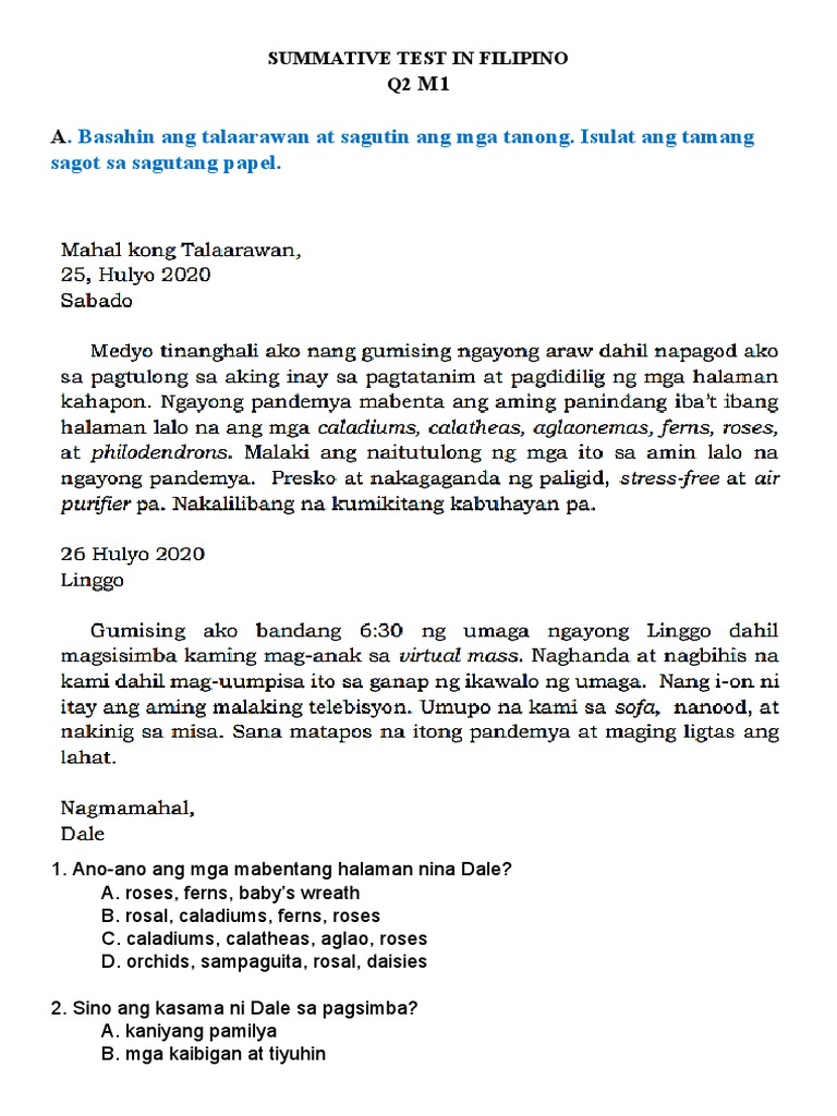 Summative Test Sa Filipino 6 Pdf - Coronatodays