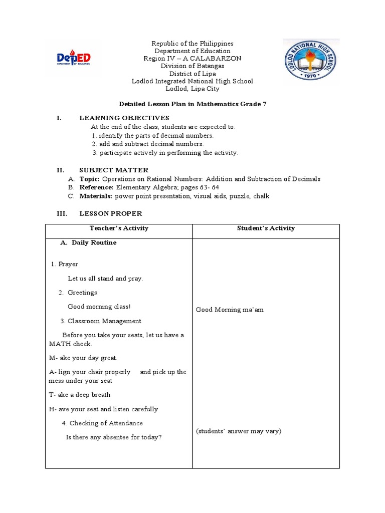 DLP Addition and Subtraction of Decimals | PDF | Subtraction | Numbers