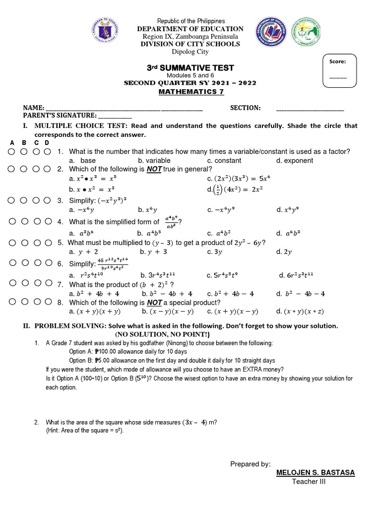 Summative Test 3 Modules 5 and 6 | PDF | Mathematics