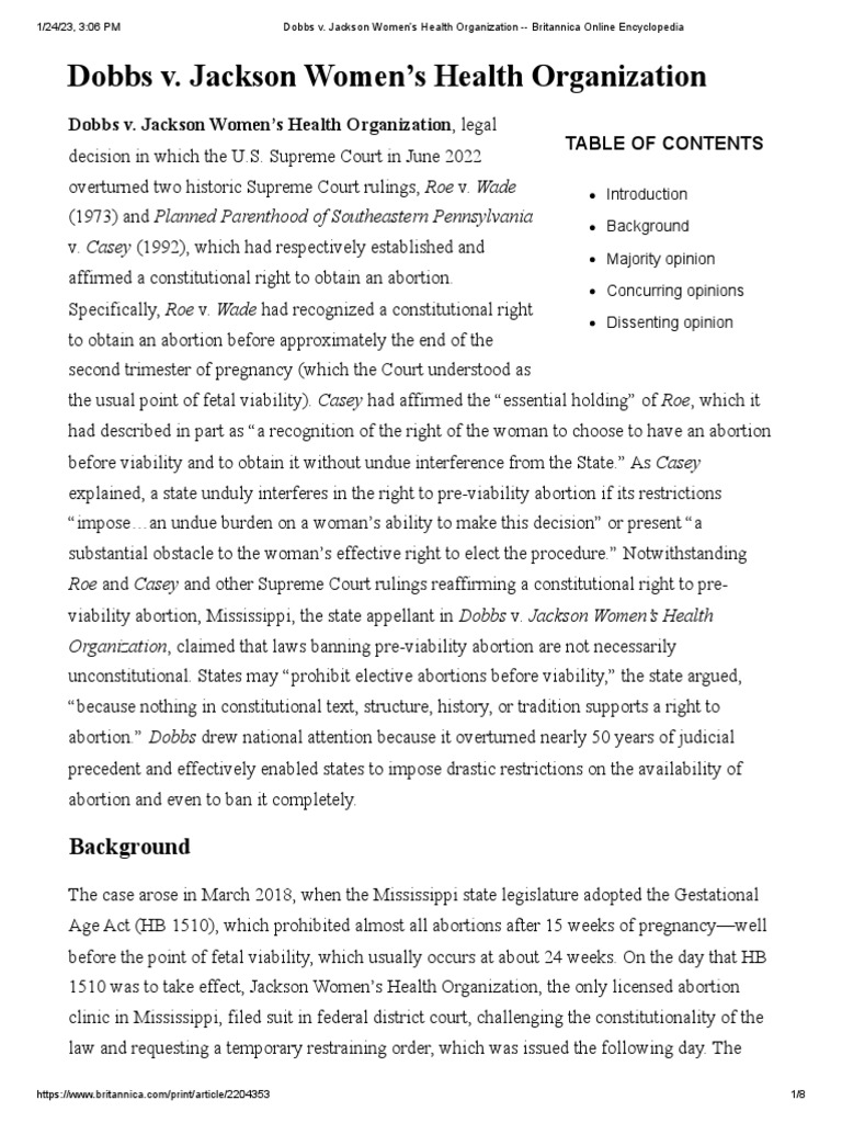 Dobbs v. Jackson Women's Health Organization - Britannica Online Encyclopedia | PDF | Fourteenth ...