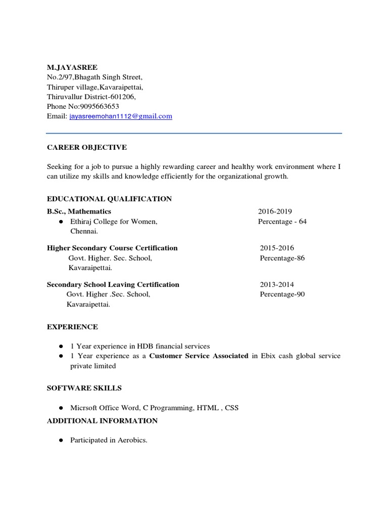 M Jayasree Resume And Career Objective Pdf Wellness