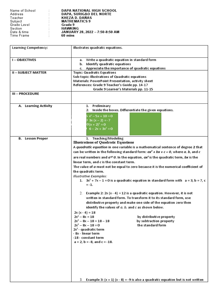 DLP COT 1 Math 9 Quadratic Equations | PDF