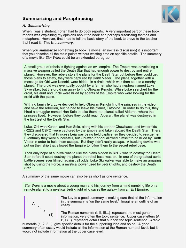 Lesson 2-Summary and Paraphrase Worksheet 2 | PDF | Luke Skywalker ...