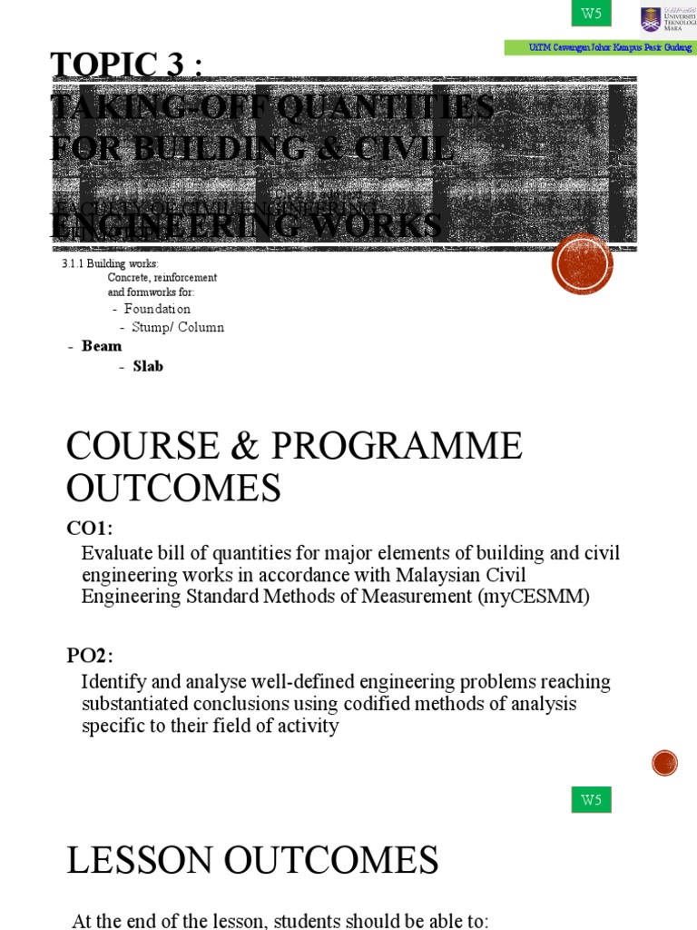Taking Off Quantities for Civil Works | PDF | Beam (Structure) | Concrete
