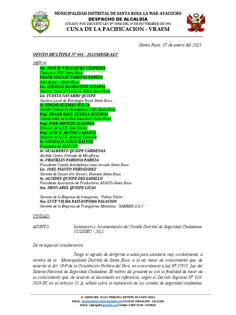 Oficio N°001-2022-Mdsr Instalacion de Codisec | PDF | Gobierno local | Crimen y violencia