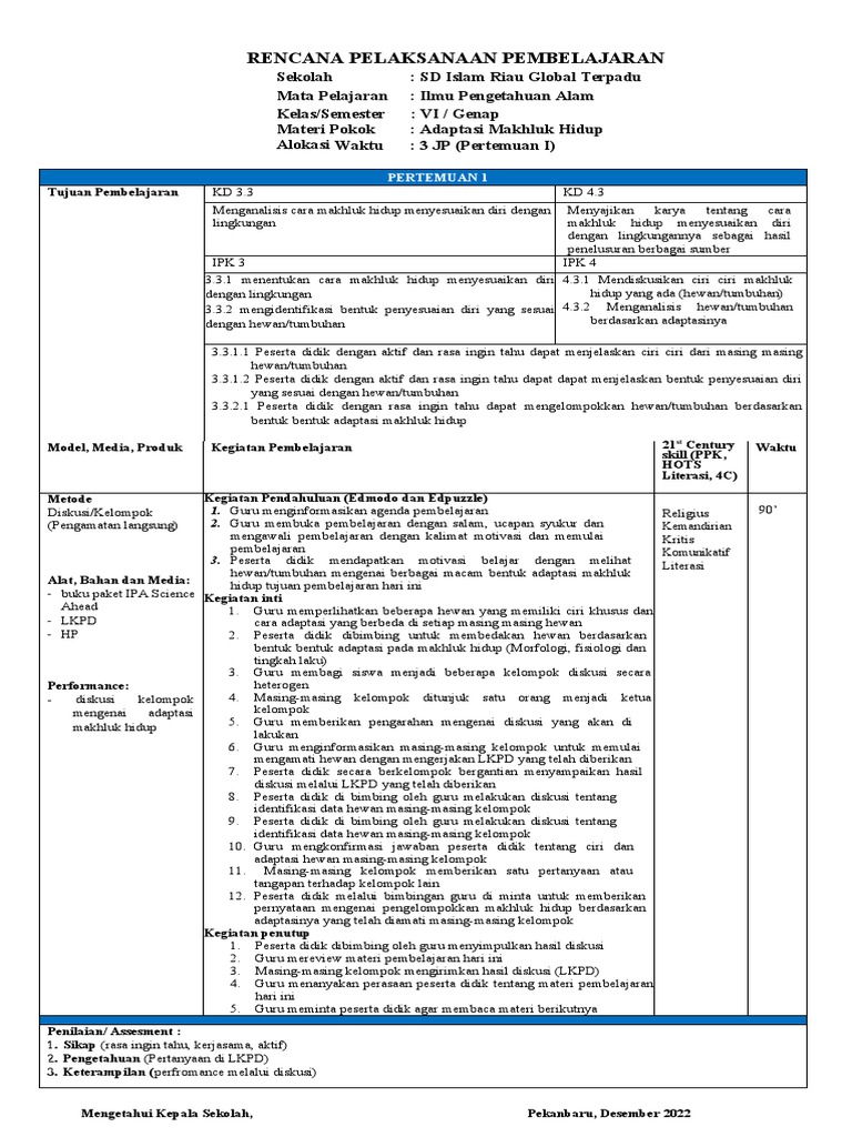 RPP Stem Kelas 6 Fix | PDF