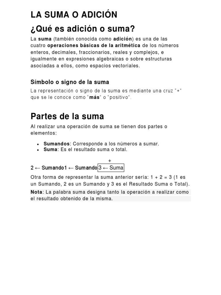 La Suma o Adicion | Descargar gratis PDF | Números | Matemáticas