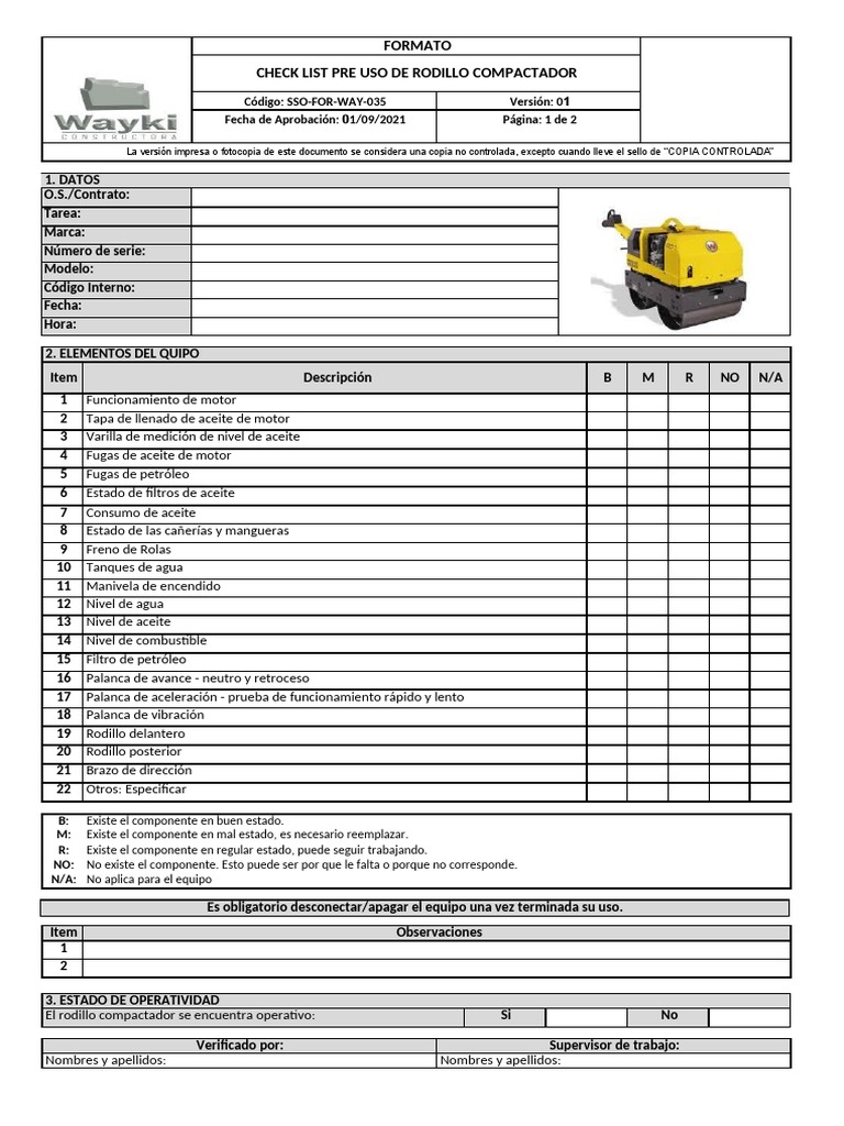 Check List Rodillo Compactador - 01 | PDF