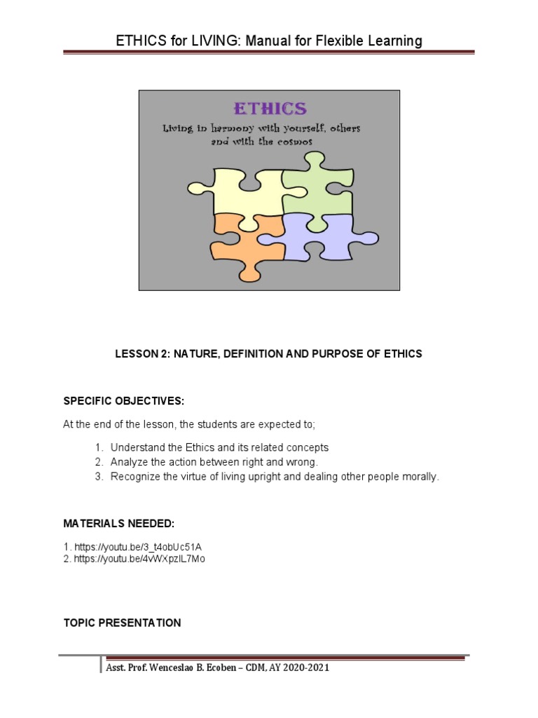 Lesson 2 Nature, Definition and Purpose of Ethics | PDF | Morality | Good And Evil