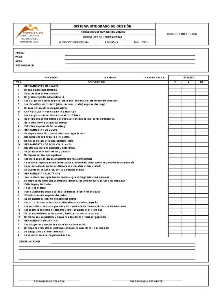 FOR-SIG-006 Check List de Herramientas | PDF | Herramientas | Bienes ...