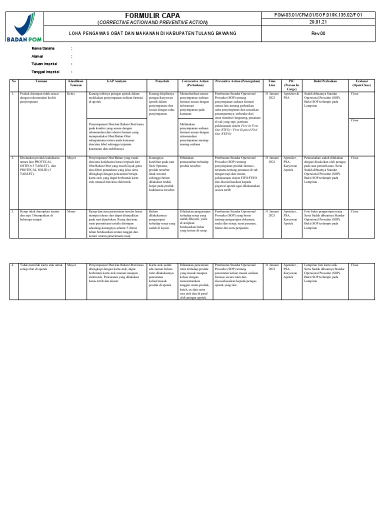 Contoh Pengisian CAPA BPOM | PDF