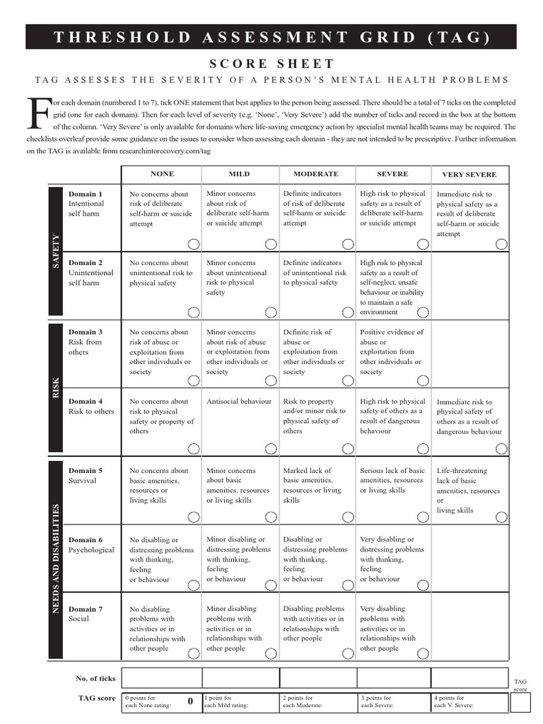 Threshold Assessment Grid (Tag) : Score Sheet | PDF | Substance Abuse ...