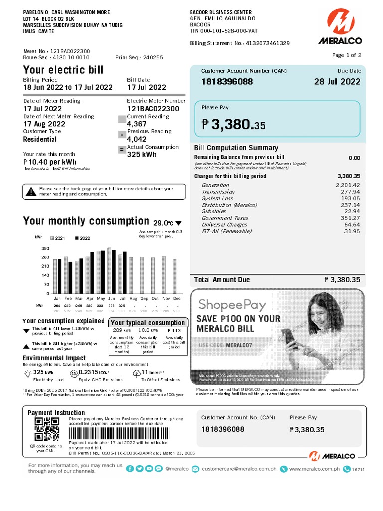 Meralco Electric Bill Summary 2022 | PDF | Banks | Debit Card