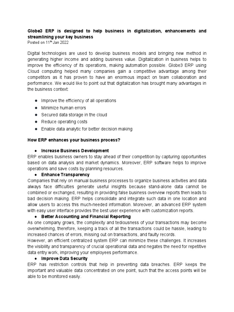 Globe3 - Introduction To Globe3 ERP | PDF | Enterprise Resource Planning | Cloud Computing