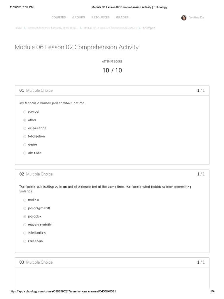 Module 06 Lesson 02 Comprehension Activity - Schoology | PDF | Self ...