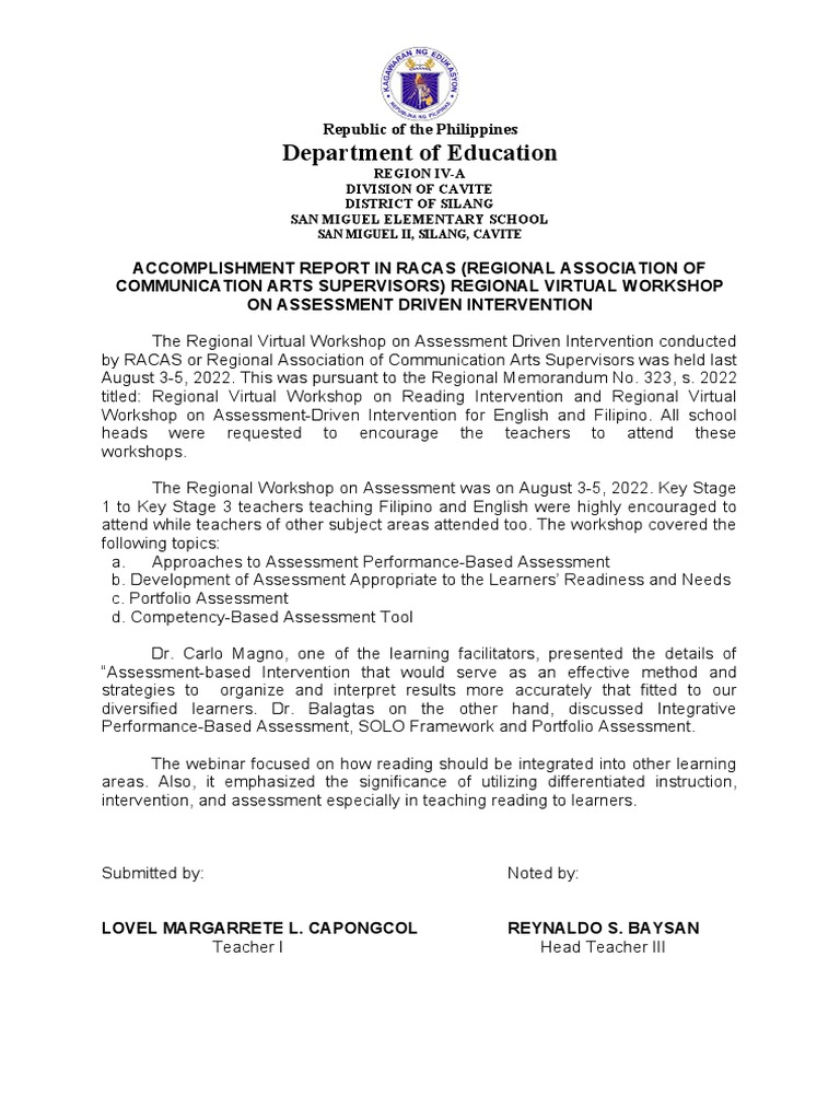 Accomplishment Report in Racas | PDF