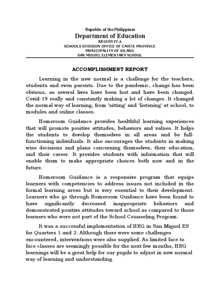 Homeroom Guidance Accomplishment Report | PDF | Career & Growth ...