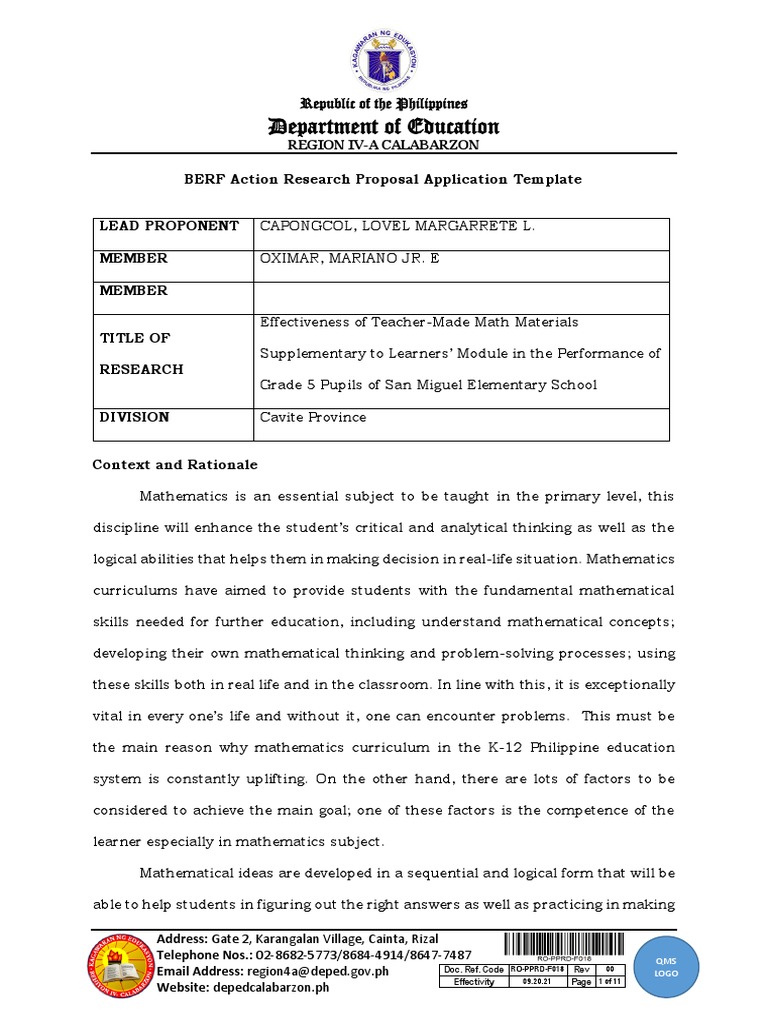 BERF Action Research Proposal Application Template | PDF | Teaching ...