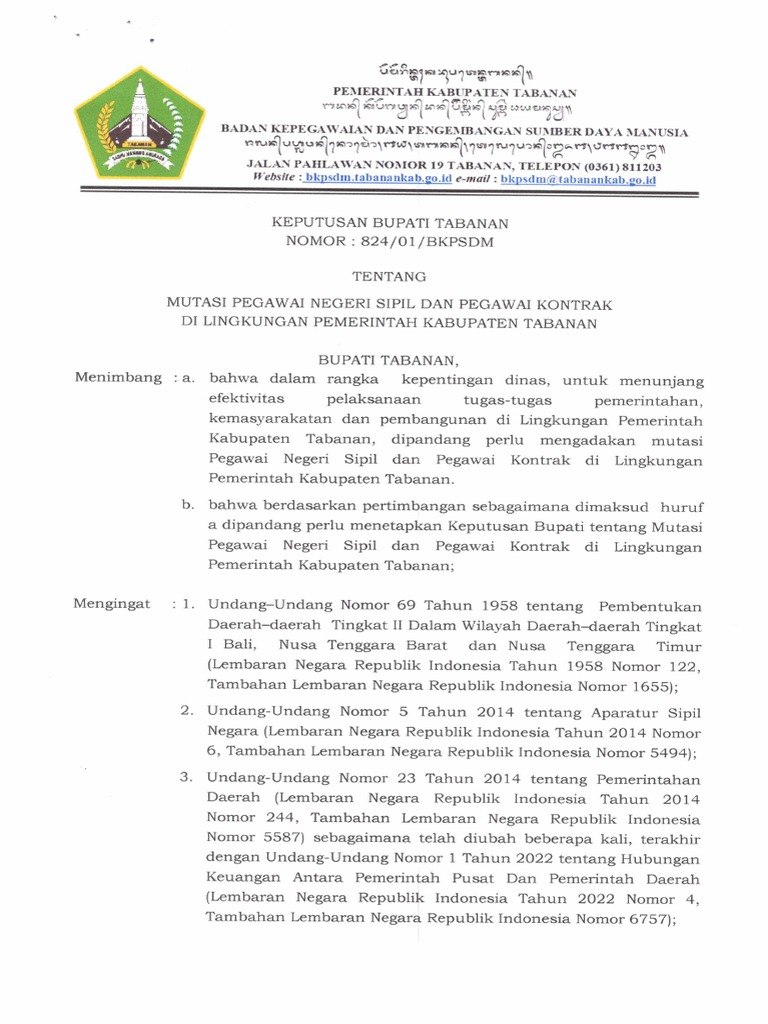 Mutasi PNS Dan Pegawai Kontrak 2023 | PDF