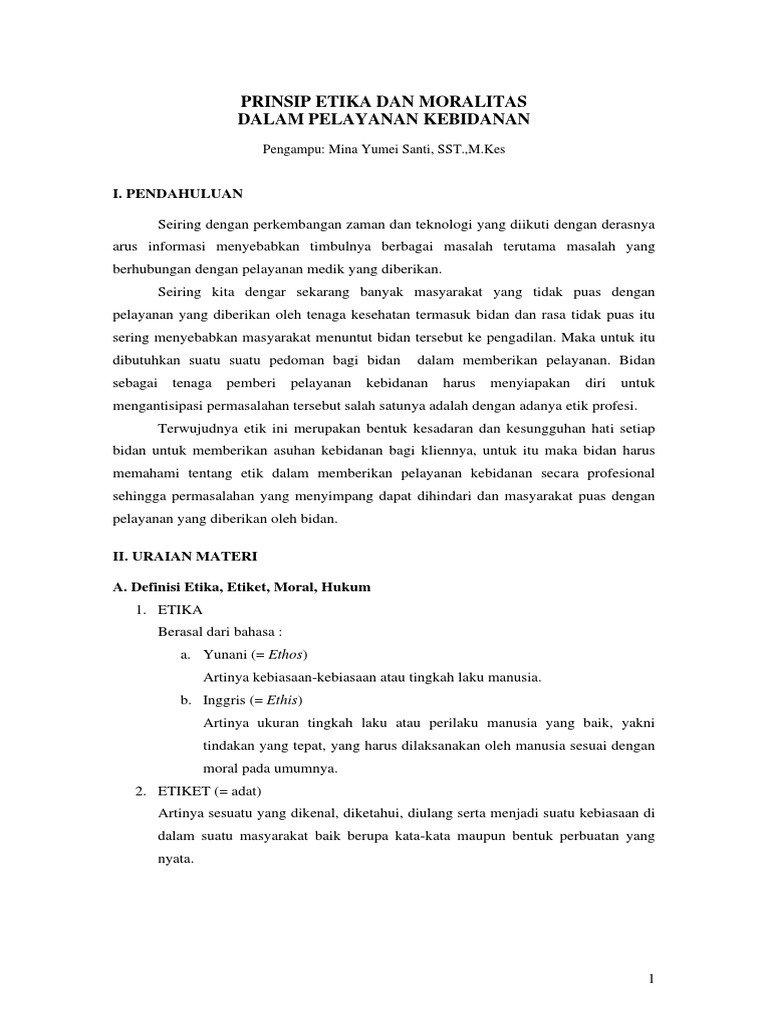 Handout Prinsip Etika Moralitas Dan Kode Etik Profesi Kebidanan | PDF