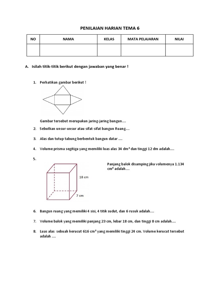 Soal Matematika Ulangan Bangun Ruang | PDF