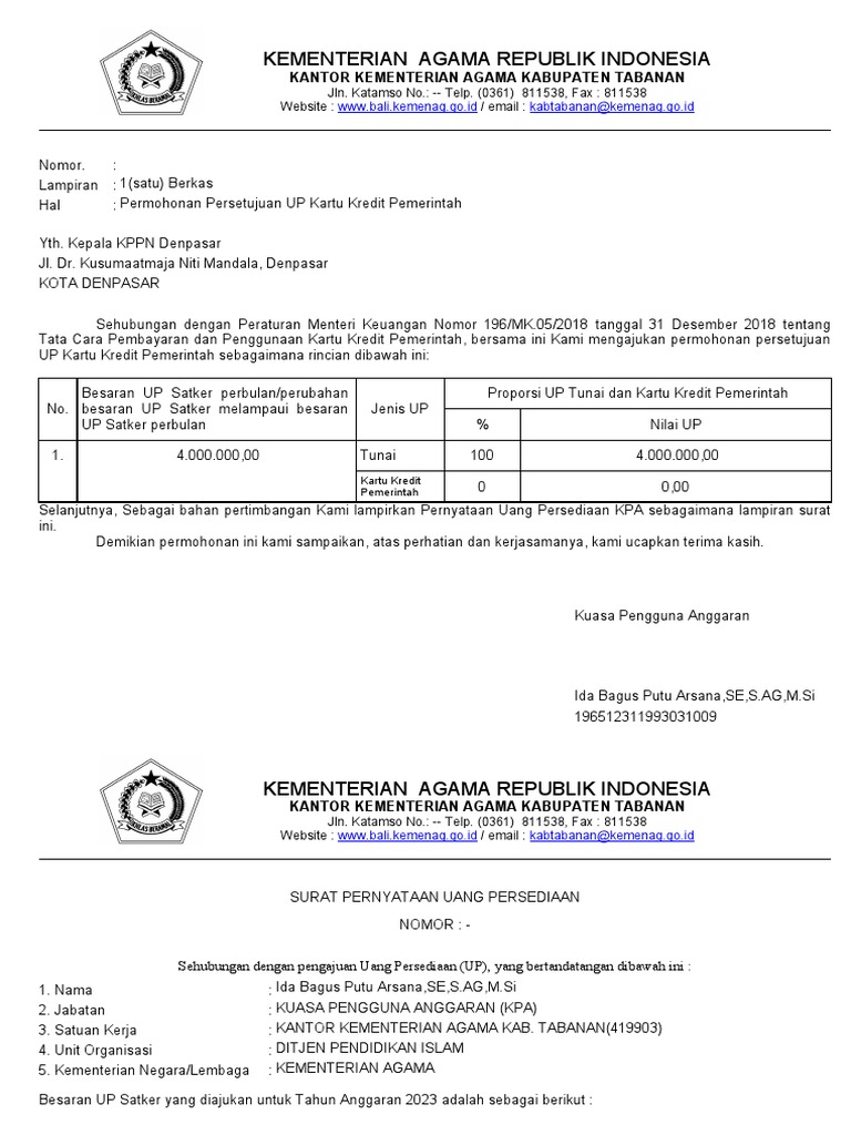 Permohonan Persetujuan Uang Persediaan 00001 - UP - 419903 - 2023 | PDF