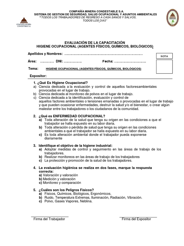 Examen de Higiene Ocupacional (Agentes Físicos, Químicos, Biológicos) | PDF
