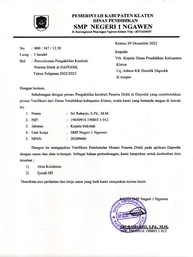 Surat Permohonan Pembatalan Mutasi | PDF