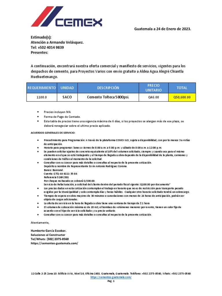 Cotización Cemex-Tolteca Guatemala 14578965240123 | PDF | Guatemala