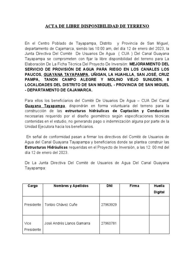 Acta de Libre Disponibilidad de Terreno | PDF