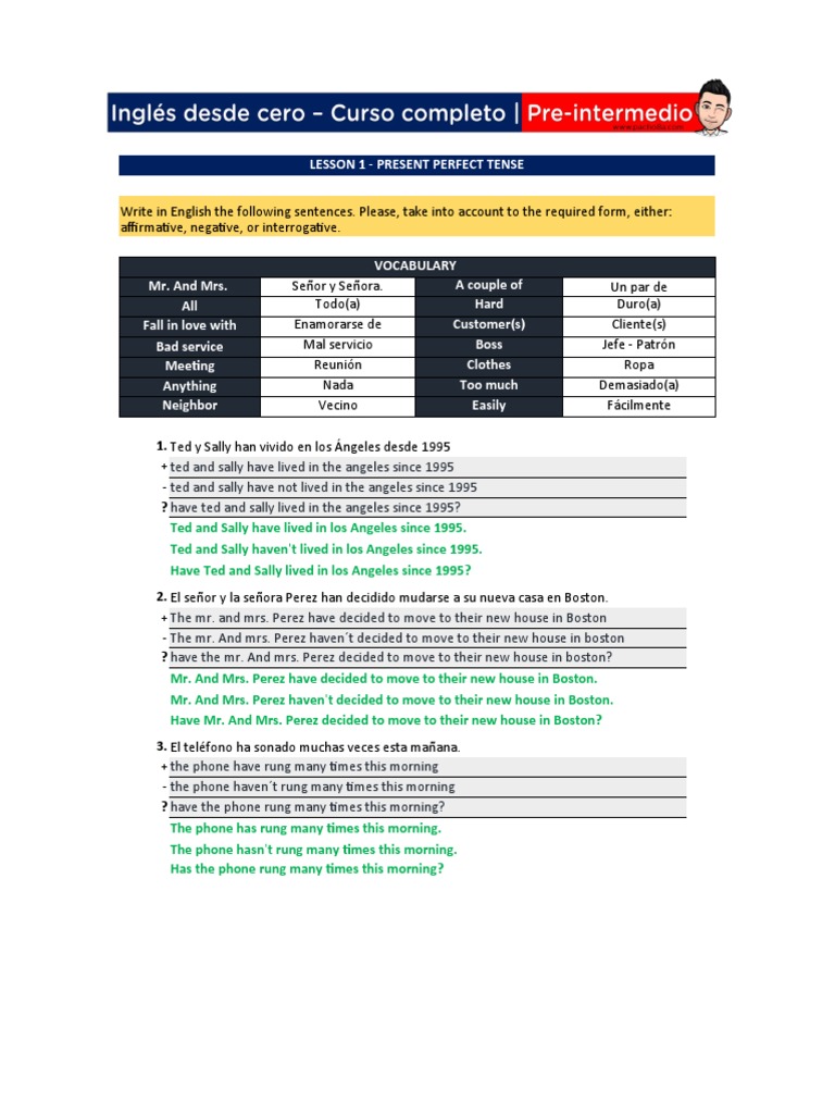 Lesson 1 - Present Perfect Tense | PDF | Language Mechanics | Grammar