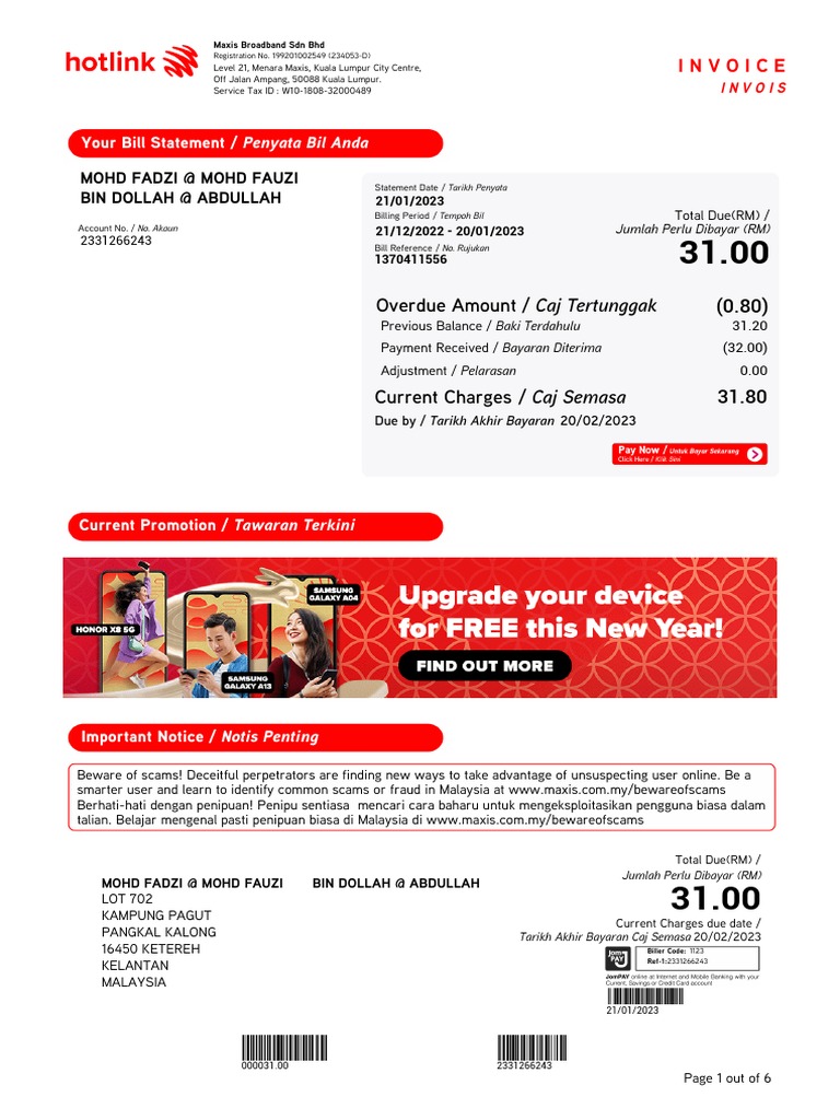 Hotlink Bill Statement January 2023 | PDF | Service Industries | Money