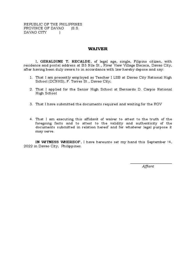 WAIVER | PDF | Affidavit | Document
