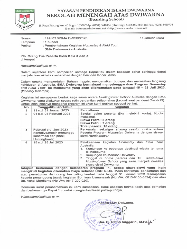 Surat Pemberitahuan Field Trip Australia | PDF