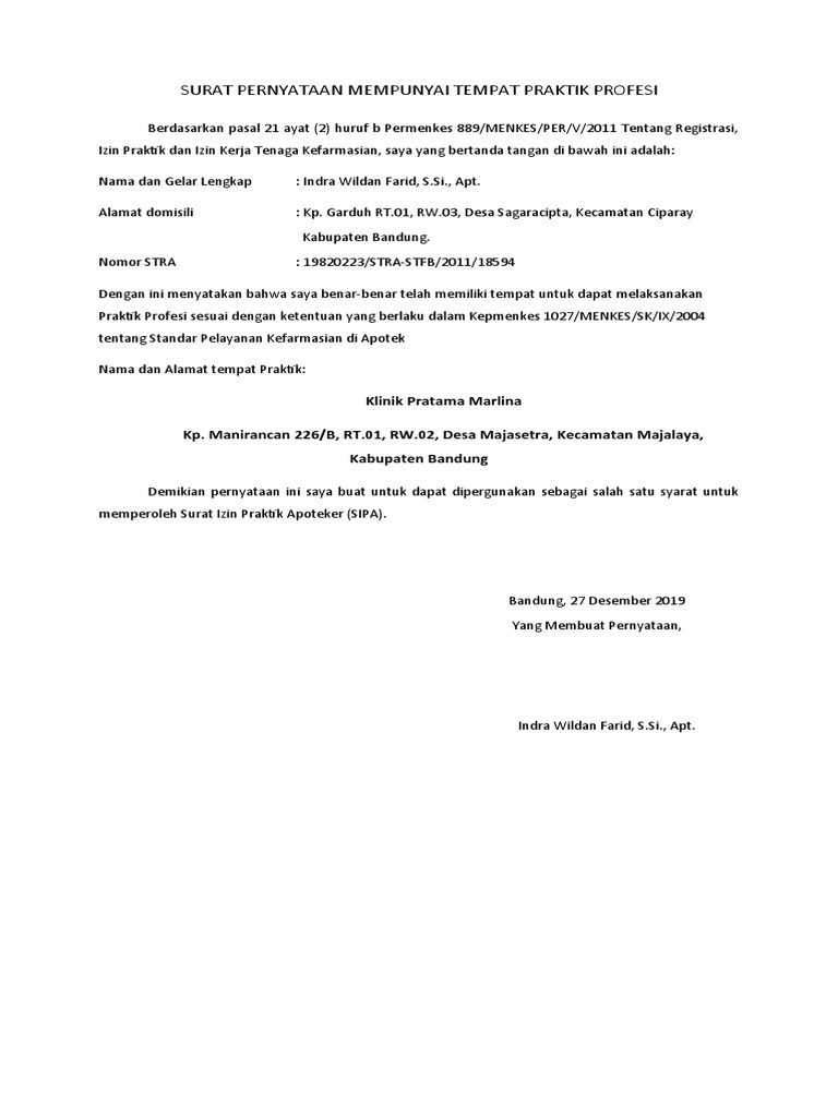 SURAT PERNYATAAN MEMPUNYAI TEMPAT PRAKTIK PROFESI Intan | PDF