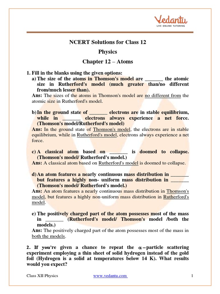 Class 12 - Physics - Atoms | Download Free PDF | Atoms | Electronvolt
