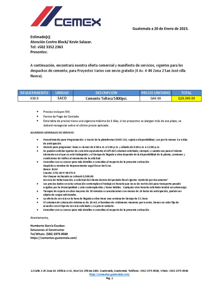 Cotización Cemex-Tolteca Guatemala 14578965200123 | PDF | Guatemala