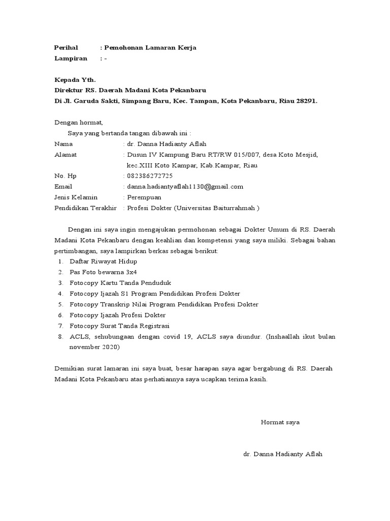 Surat Lamaran DR - Danna Hadianty Aflah | PDF Surat Lamaran DR - Danna Hadianty Aflah | PDF