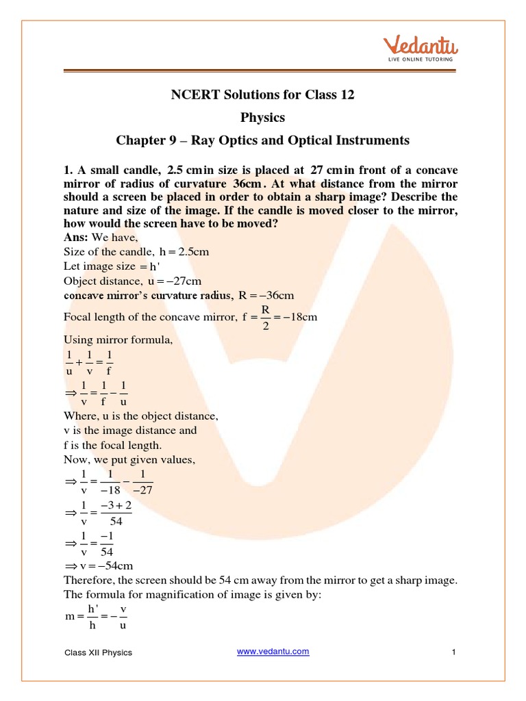 Class 12 - Physics - Ray Optics and Optical Instruments | PDF ...