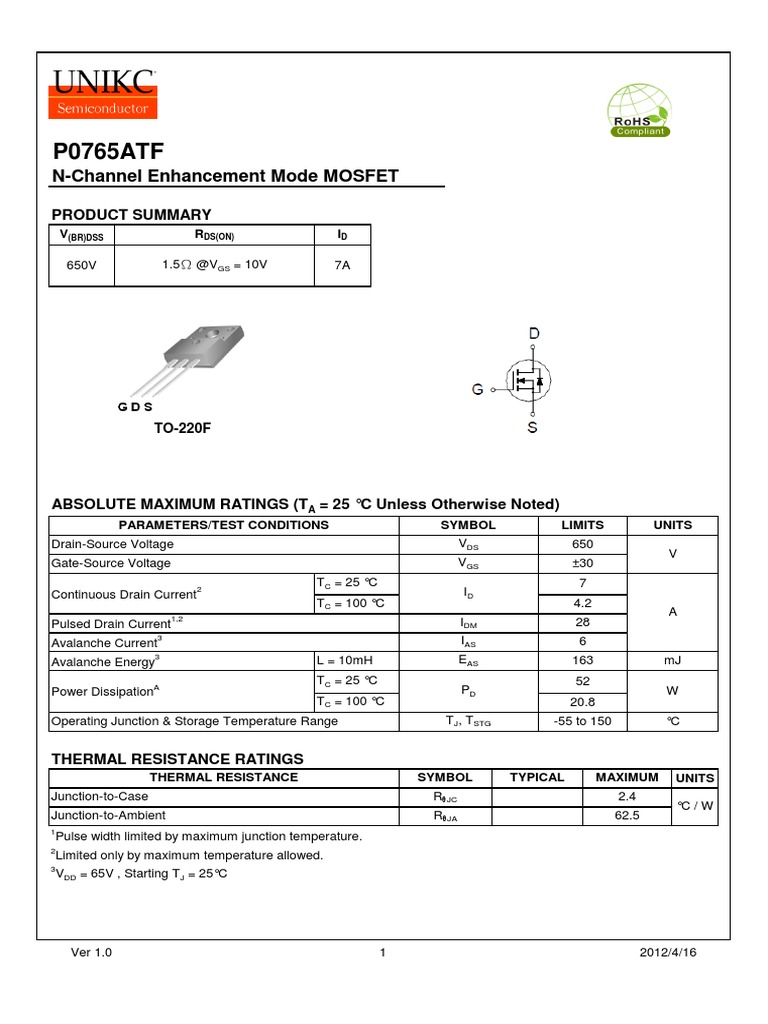 P0765ATF | Download Free PDF | Field Effect Transistor | Mosfet