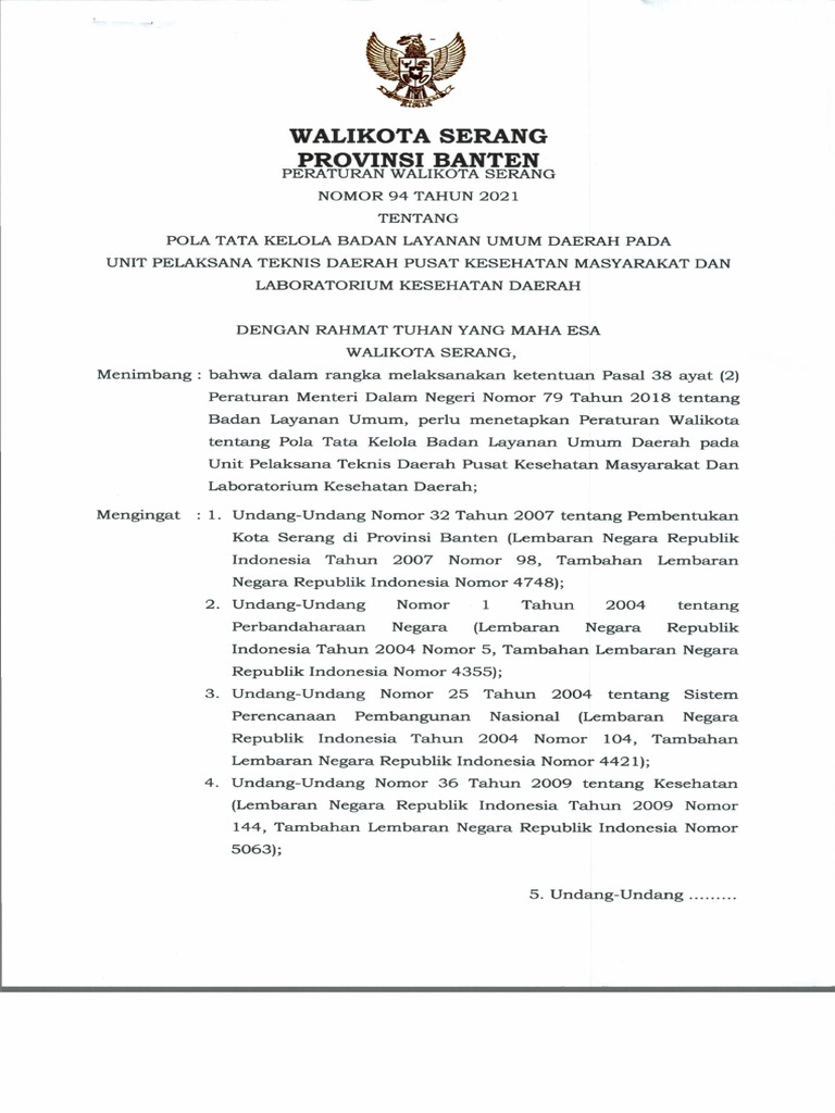 Perwal Kota Serang Nomor 94 Tahun 2021 TTG Pola Tata Kelola BLUD UPTD ...