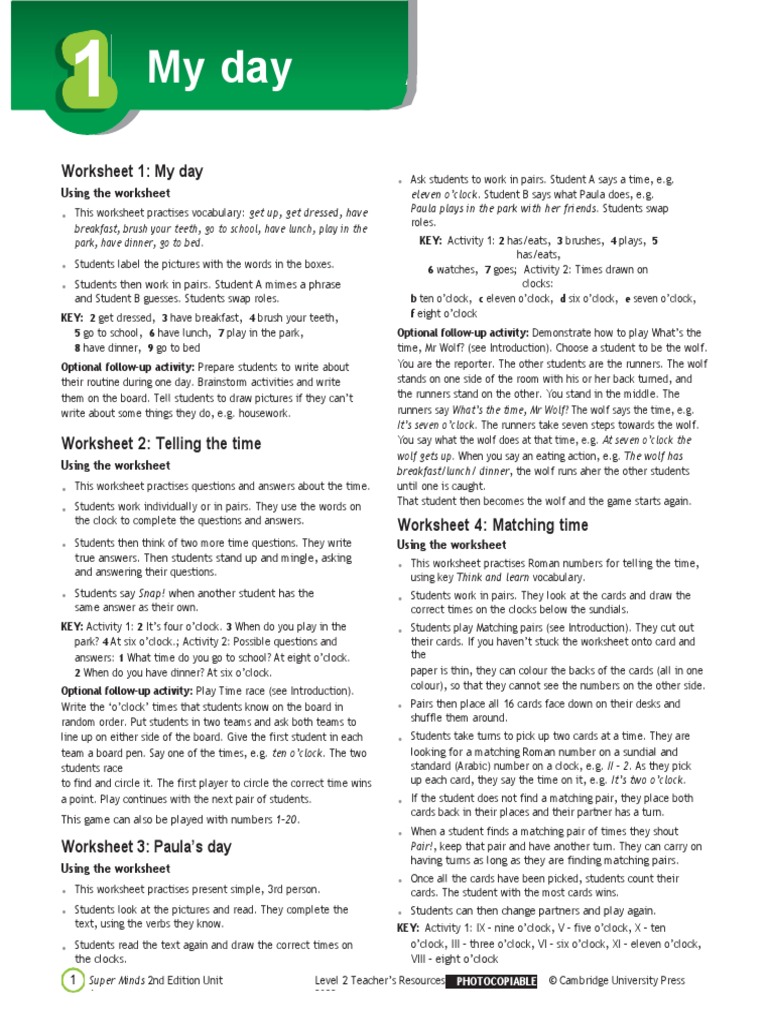 SM2ed Teacher's Resources Worksheet B L2 U1 | PDF | Clock
