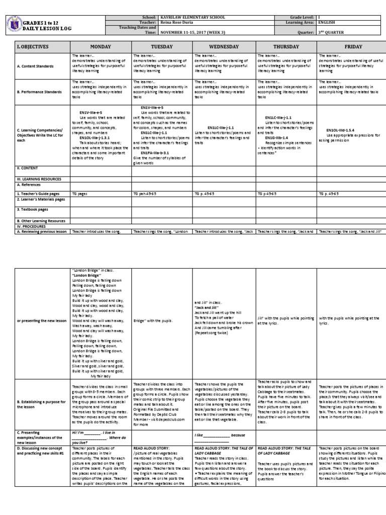 DLL - English 1 - Q3 - W3 | PDF | Learning | Literacy DLL - English 1 - Q3 - W3 | PDF | Learning | Literacy