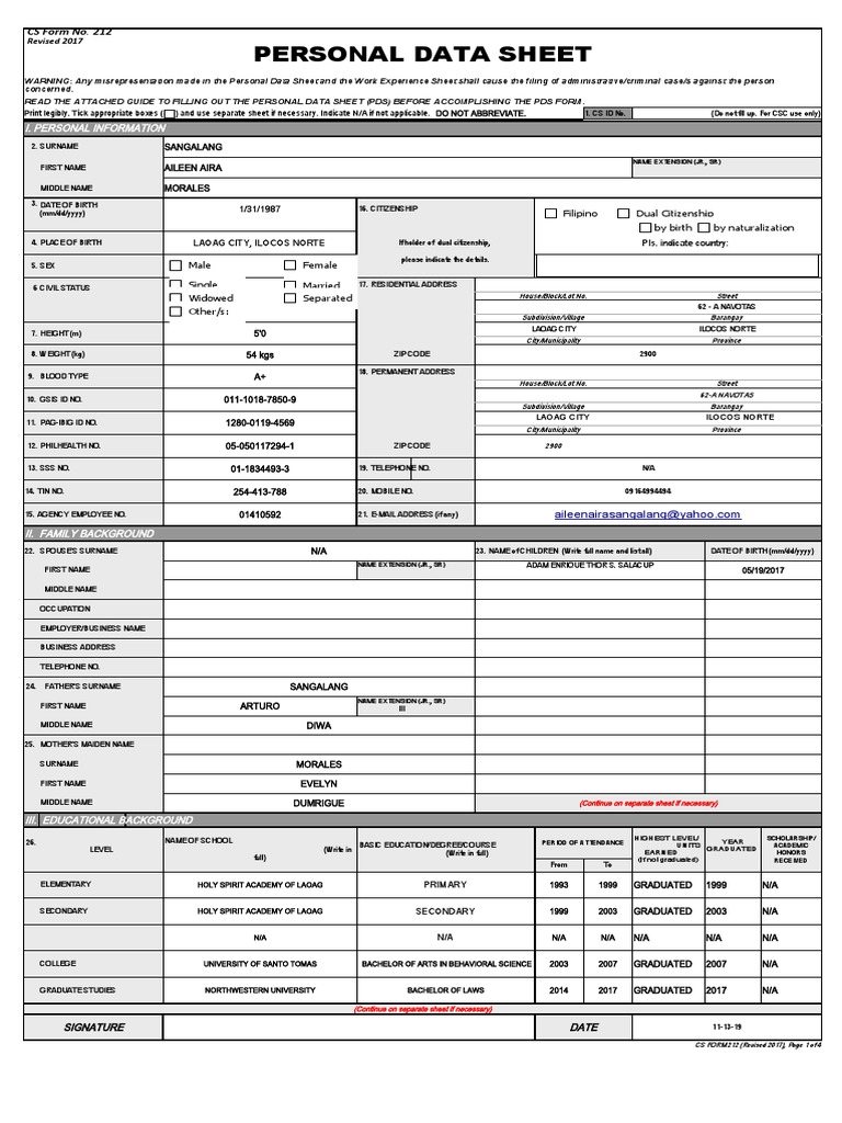 Personal Data Sheet CS Form 212 | PDF | Justice | Crime & Violence