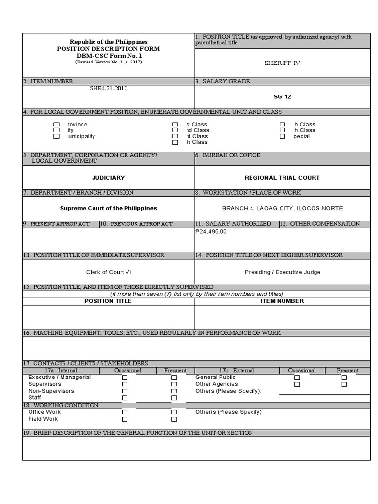DBM-CSC Form No. 1 Position Description Forms - Sheriff | PDF | Justice | Crime & Violence