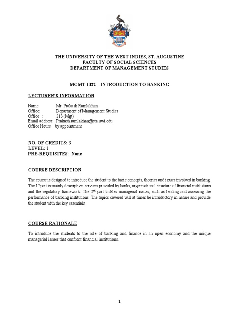 MGMT1022 Intro Banking - UWI St. Augustine | PDF | Banks | Financial ...