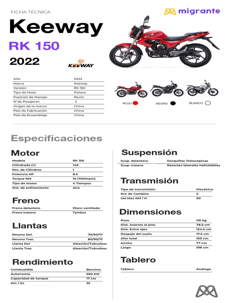 Ficha Tecnica Keeway RK 150 Migrante | PDF